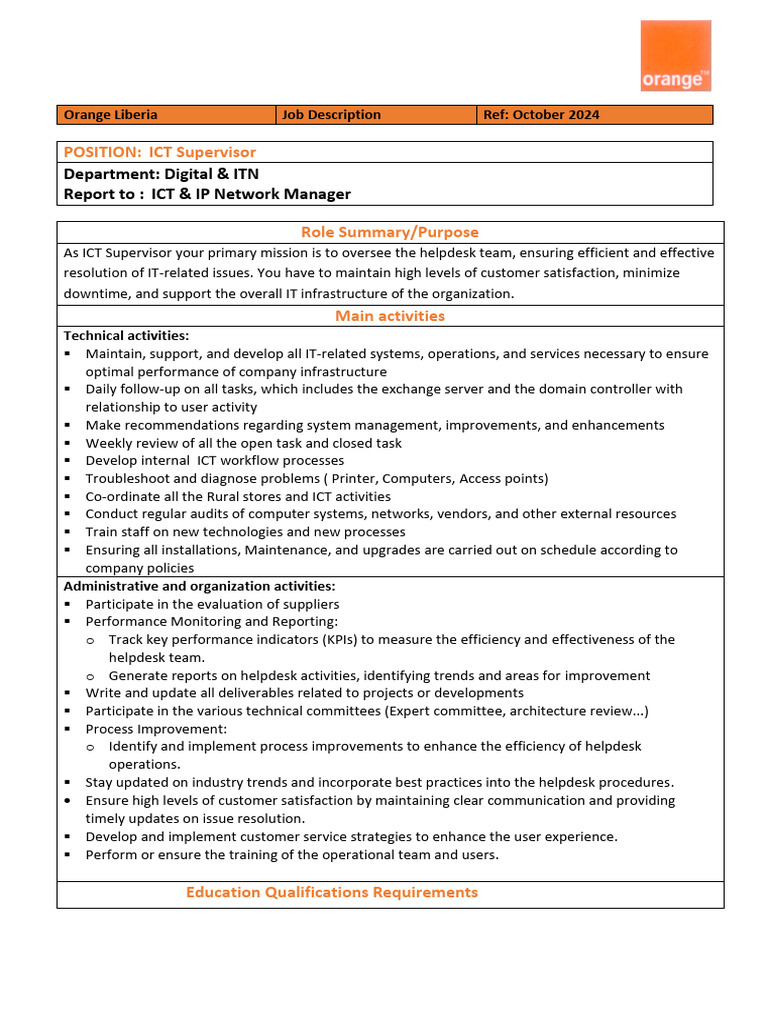 Job Description ICT Supervisor | PDF