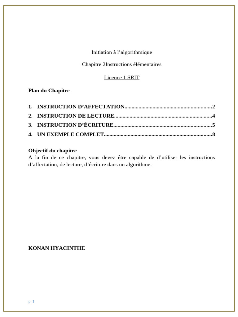 Srit1 Initiation A L'algorithmique 2016 Chapitre 2 Instructions ...