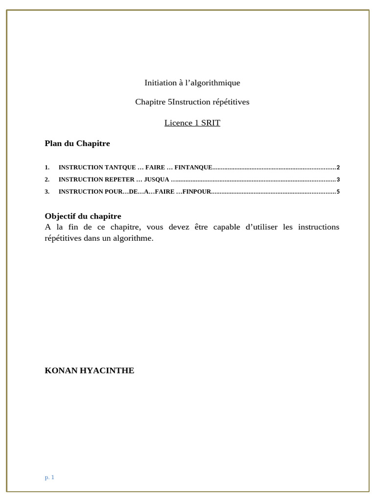 Srit1 Initiation A L'algorithmique 2016 Chapitre 5 Instructions ...