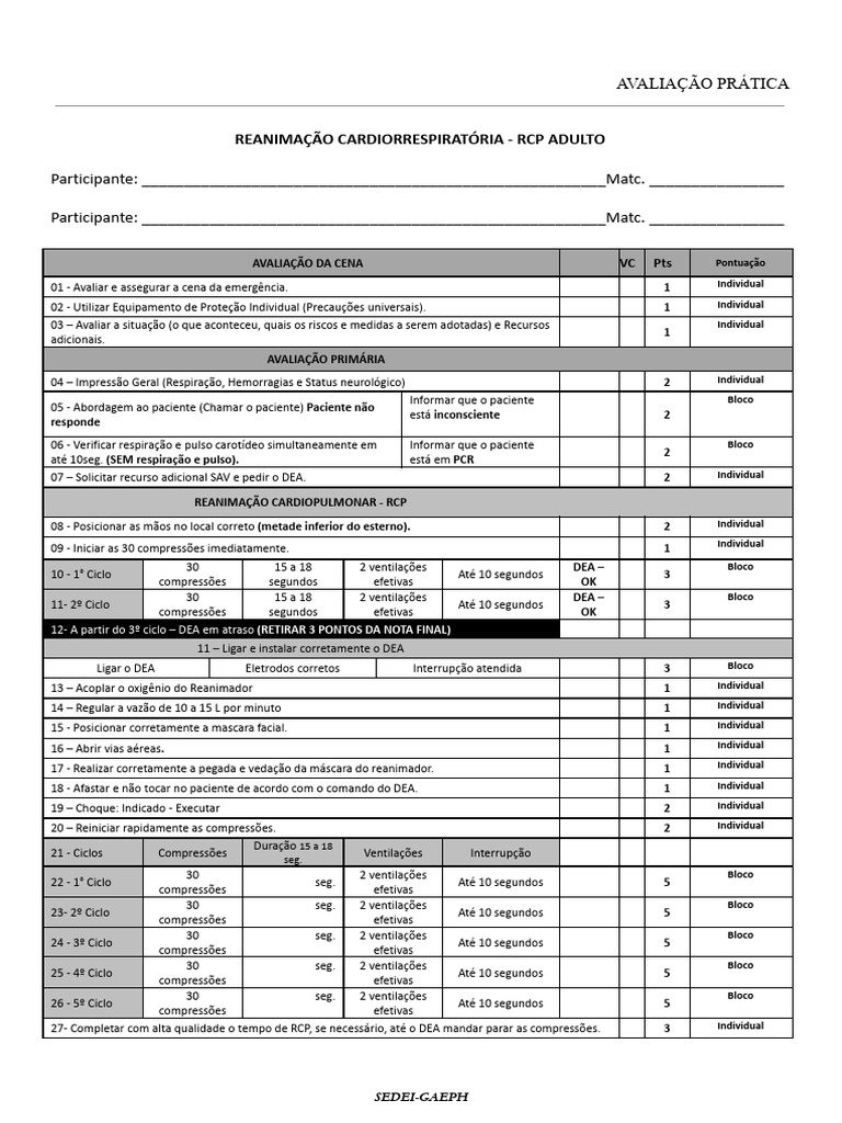 Avaliação Prática de RCP em Adultos | PDF | Reanimação cardiopulmonar
