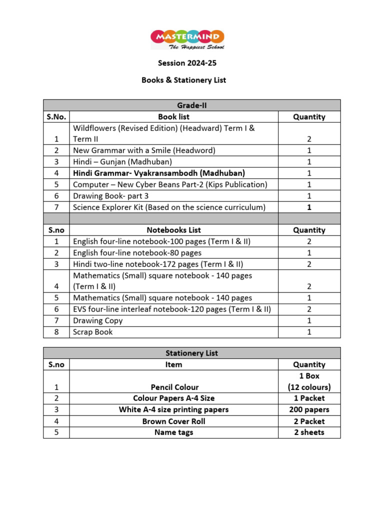 Grade 2 Books and Stationery List | PDF