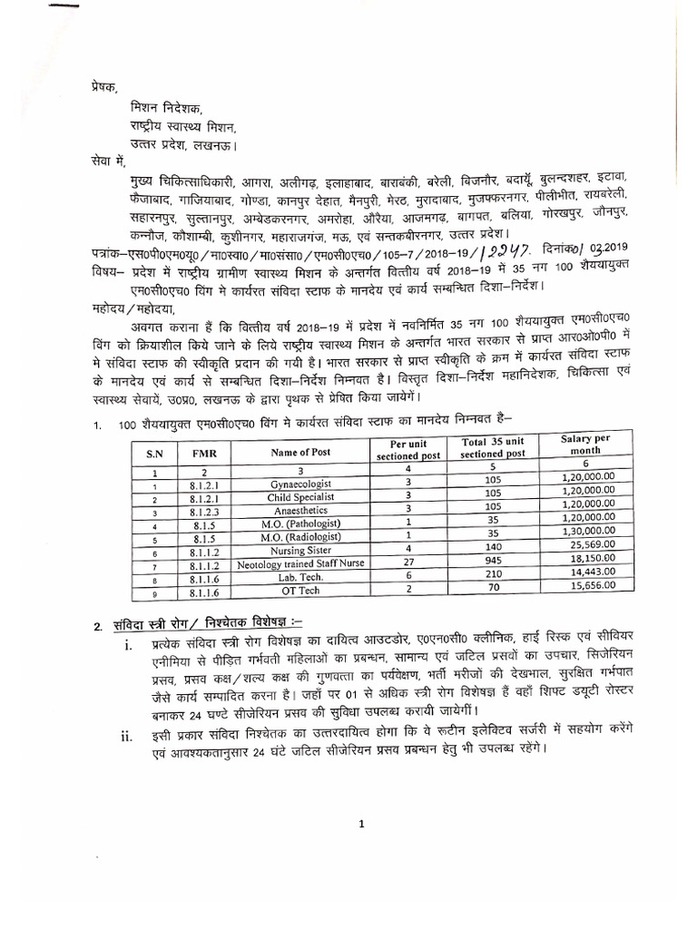 Letter Regarding 100 Bedded 35 MCH Wing Contractual Staff Guideline Under MH Division, NHM, UP | PDF