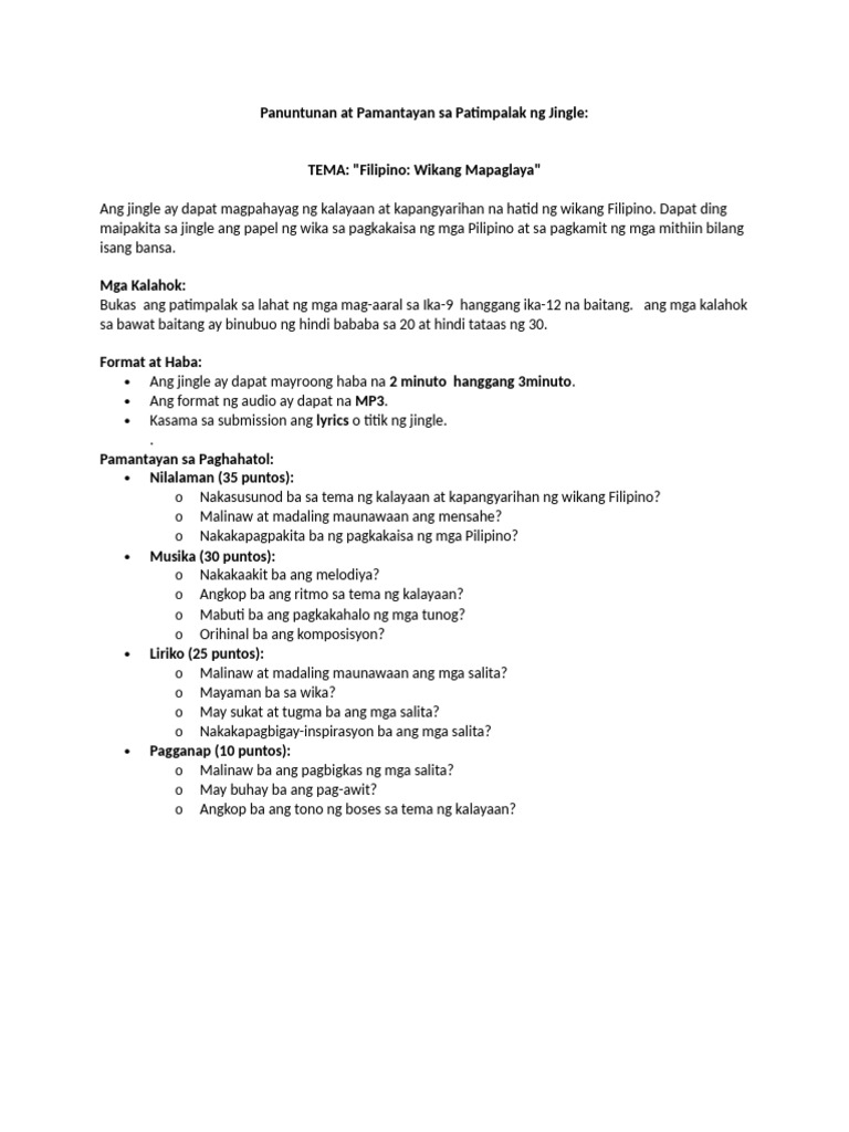 Panuntunan at Pamantayan Sa Patimpalak NG Jingle | PDF