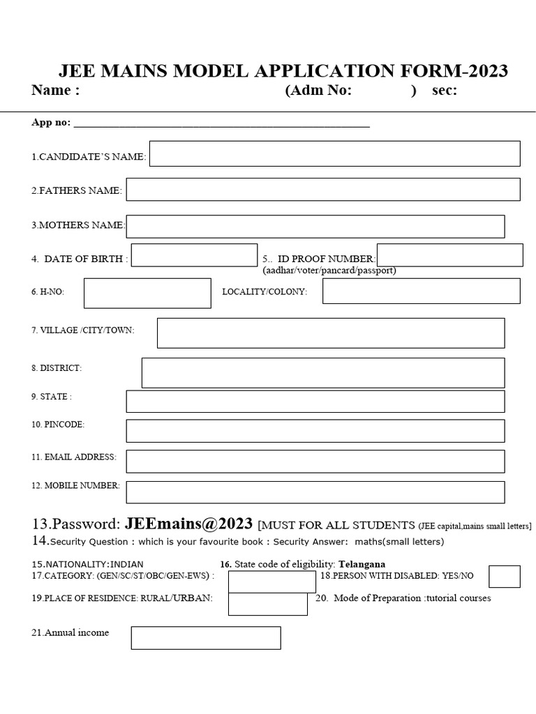 Jee Mains 2023 Application Form | PDF