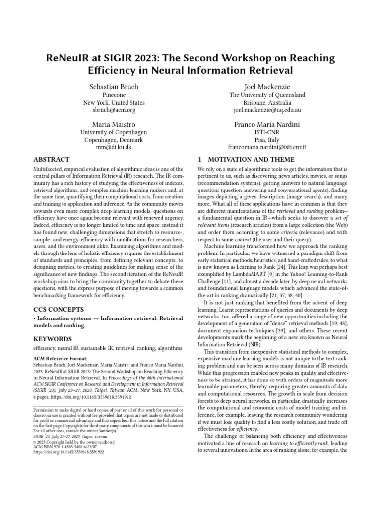 ReNeuIR at SIGIR 2023: The Second Workshop On Reaching Efficiency in Neural Information ...