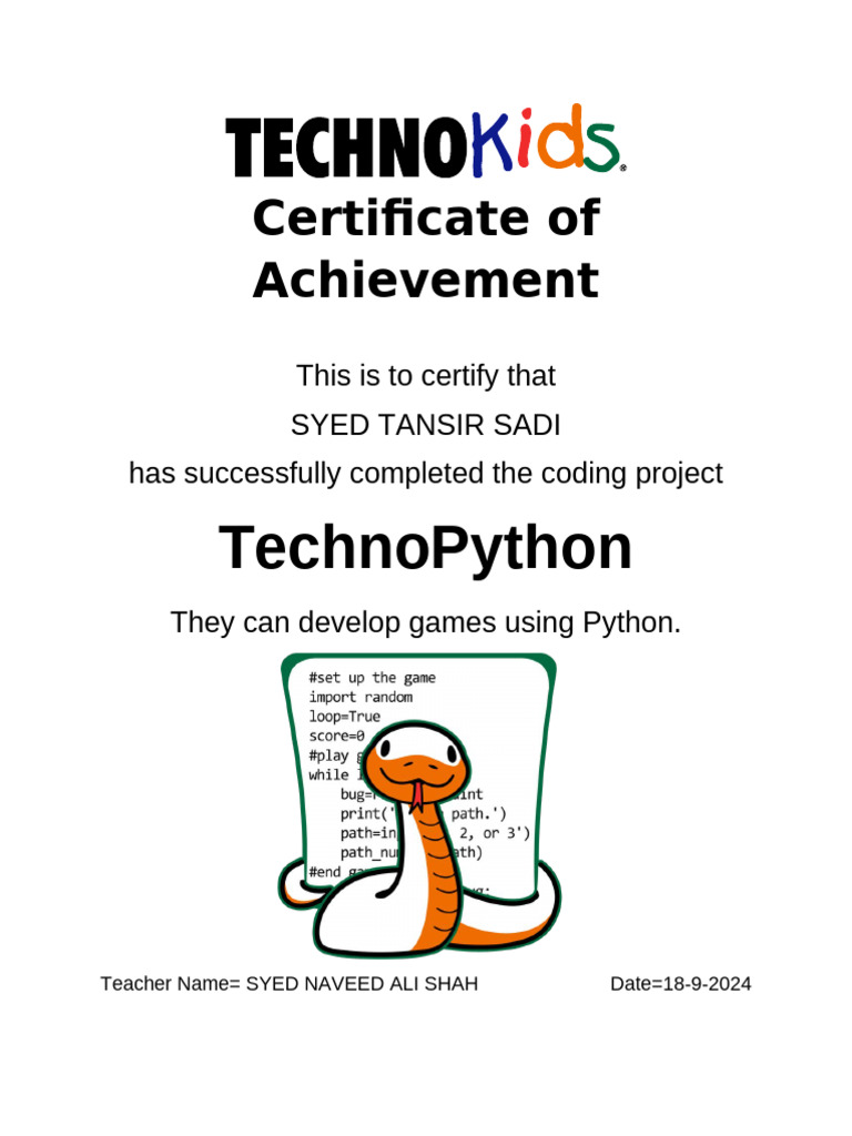 Python Certificate TANSIR SADI | PDF
