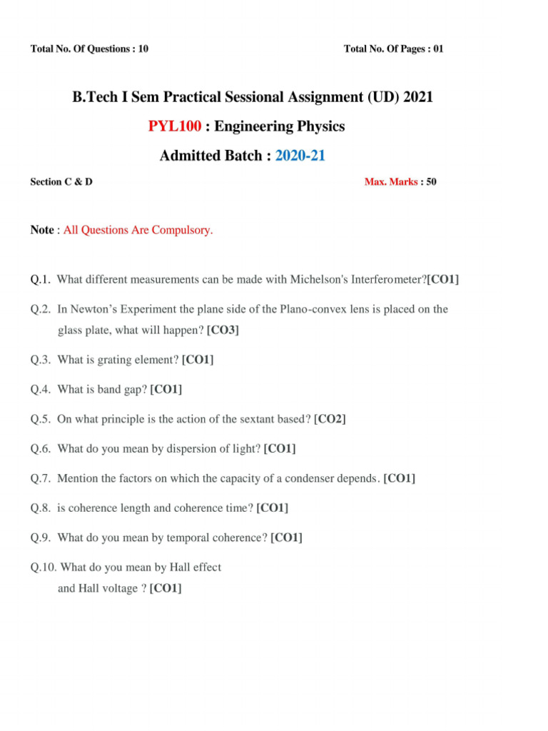 Practical Assignment (Engg. Physics) I SEM - 205 | PDF