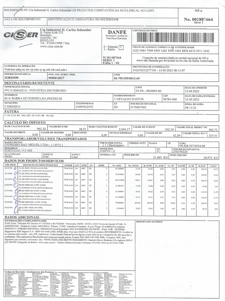 Exemplo de Nota St, Ipi e Icms | PDF