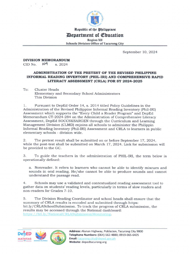 DM CID No. 109 S. 2024 Administration of The PreTest of The Revised ... DM CID No. 109 S. 2024 Administration of The PreTest of The Revised ...