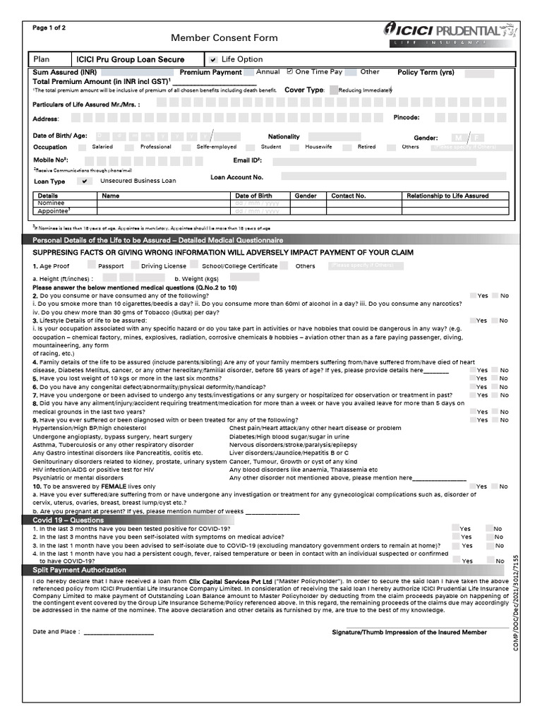 ICICI Pru Insurance Form - BL | PDF | Insurance | Life Insurance