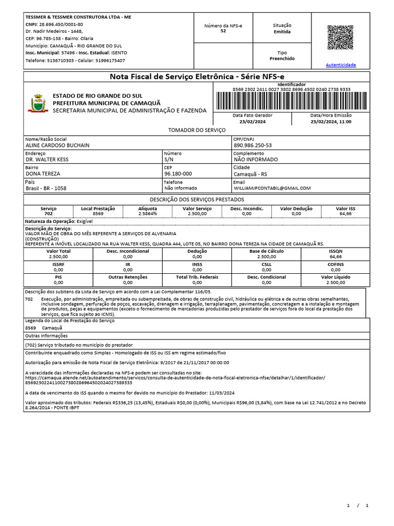 Nfse 52 Aline - Tessmer & Tessmer Const Ltda Me 02 2024 | PDF