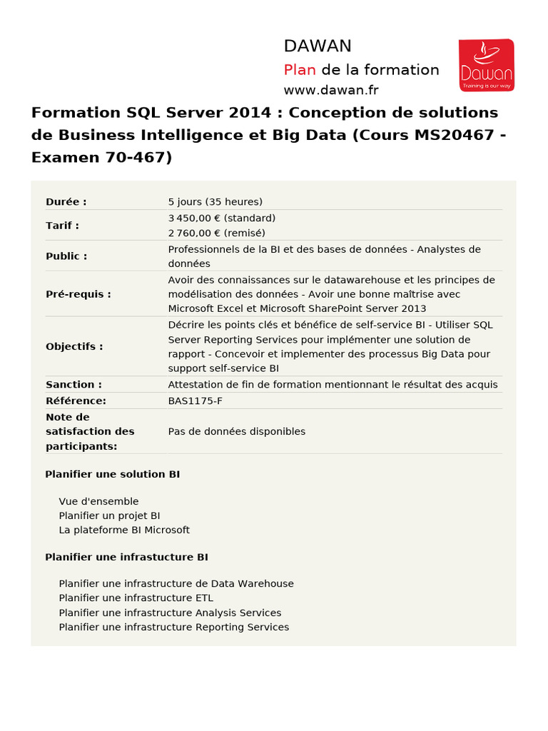 SQL Server 2014 Conception de Solutions de Business Intelligence Et Big Data (Cours ms20467 ...
