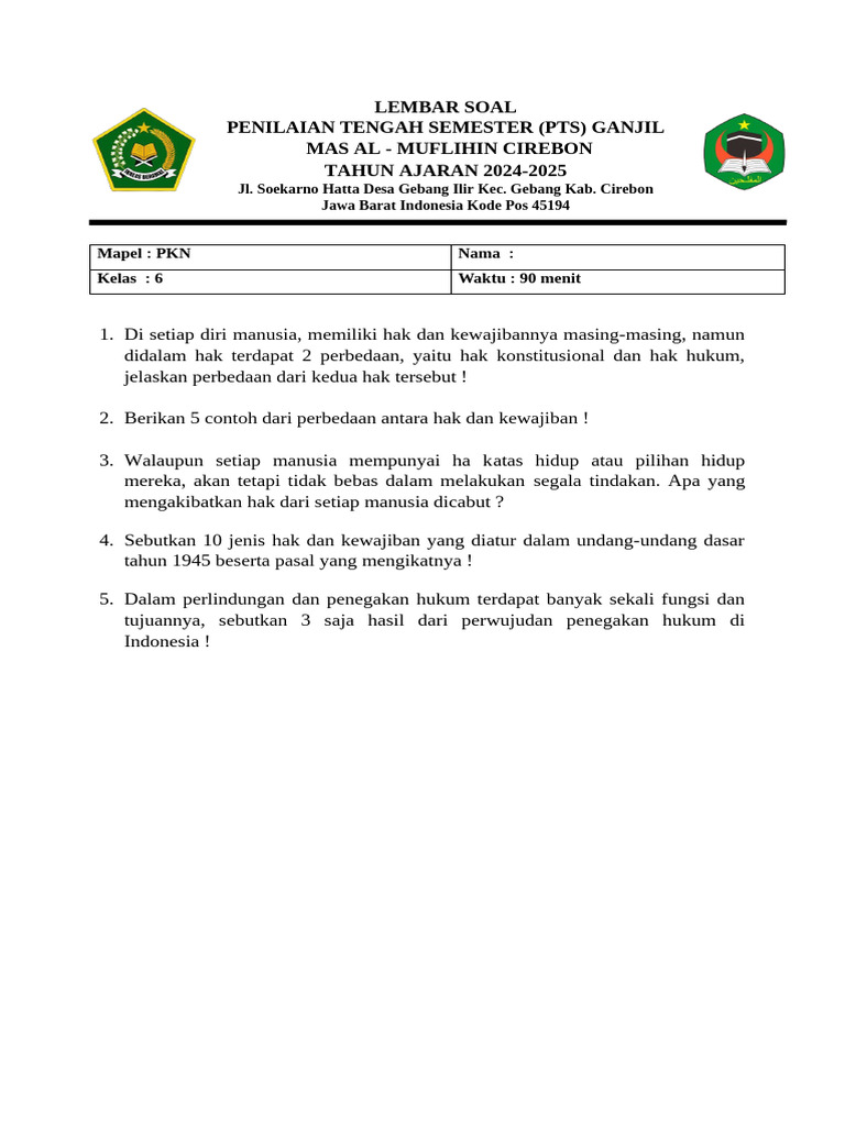 SOAL UTS PKN 6 | PDF