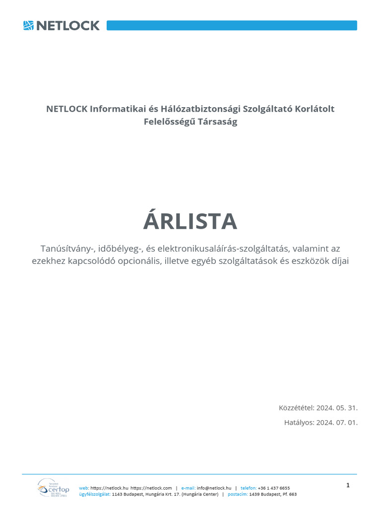 NETLOCK ÁRLISTA (Hatályos 20240701-Től) Aláírt-1 | PDF