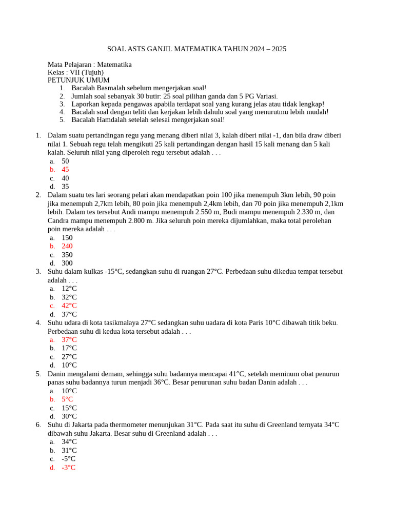 Soal Asts Ganjil Matematika Tahun 2024 | PDF