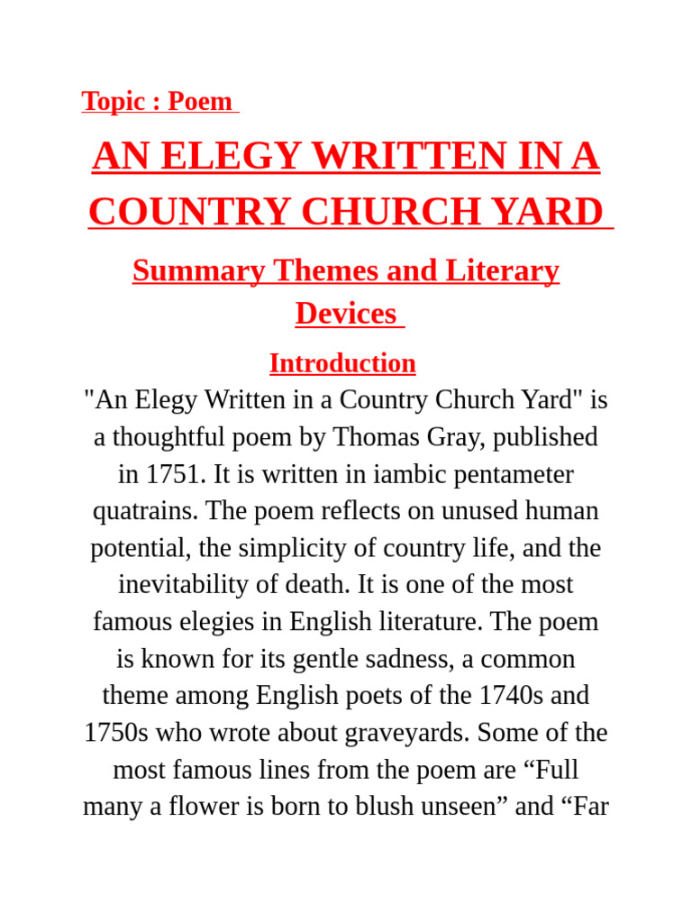Elegy Written in a Country Church Yard By Mazhar Mushtaq | PDF