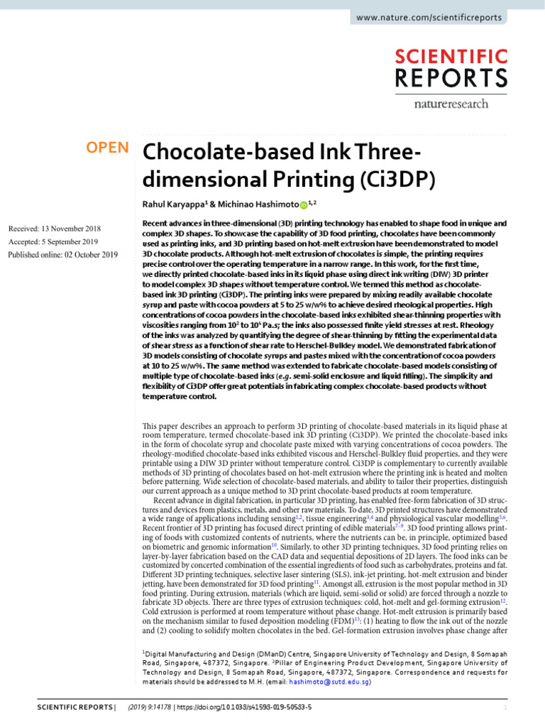 Chocolate-Based Ink Three-: Dimensional Printing (Ci3DP) | PDF