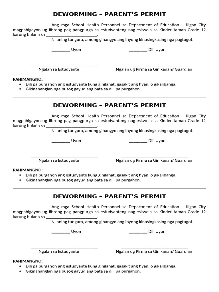 DEWORMING Parents Permit | PDF | Wellness