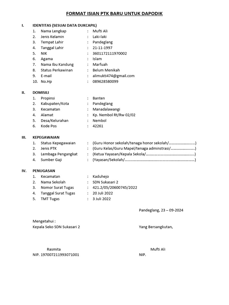 Format Isian PTK Baru | PDF
