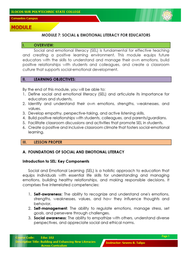 Module 7 Social and Emotional Learning Literacy | PDF