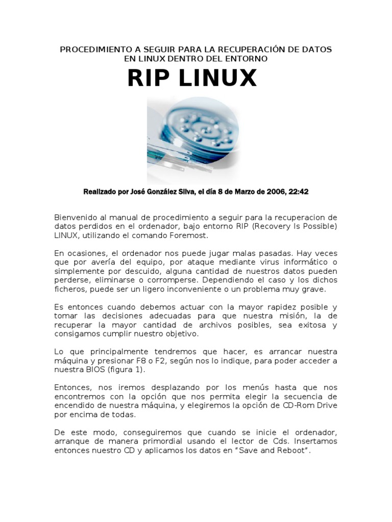 Procedimiento para RIP Linux - Recuperaci N de Datos | PDF | Disco ...