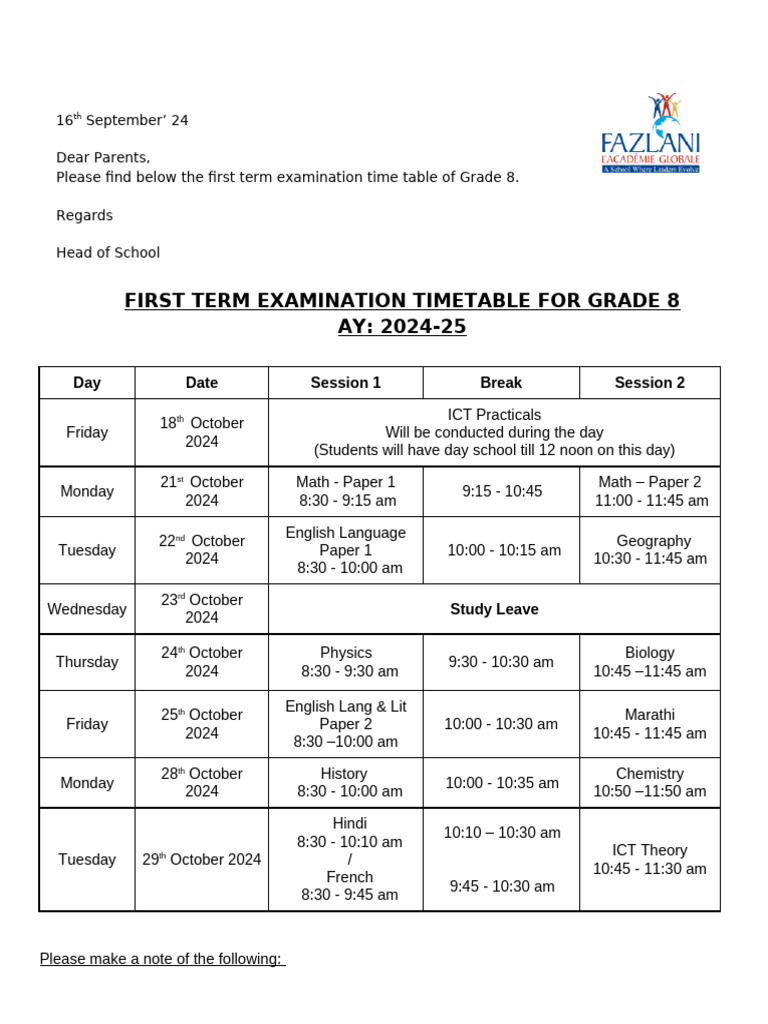 Gr-8 Term-1 Time Table (24-25) | PDF