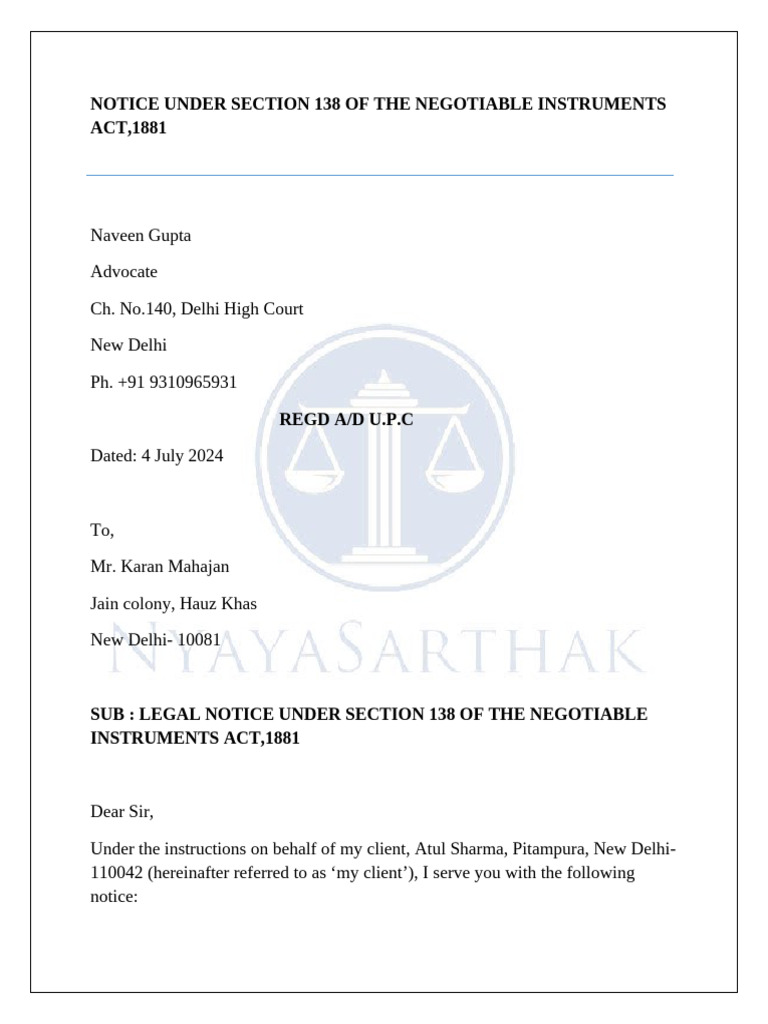 Notice Under Section 138 of The Negotiable Instruments Act | PDF | Law