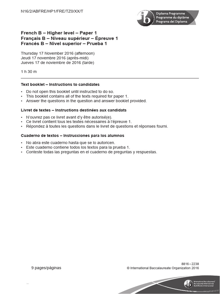 French B Paper 1 Text Booklet HL French | PDF