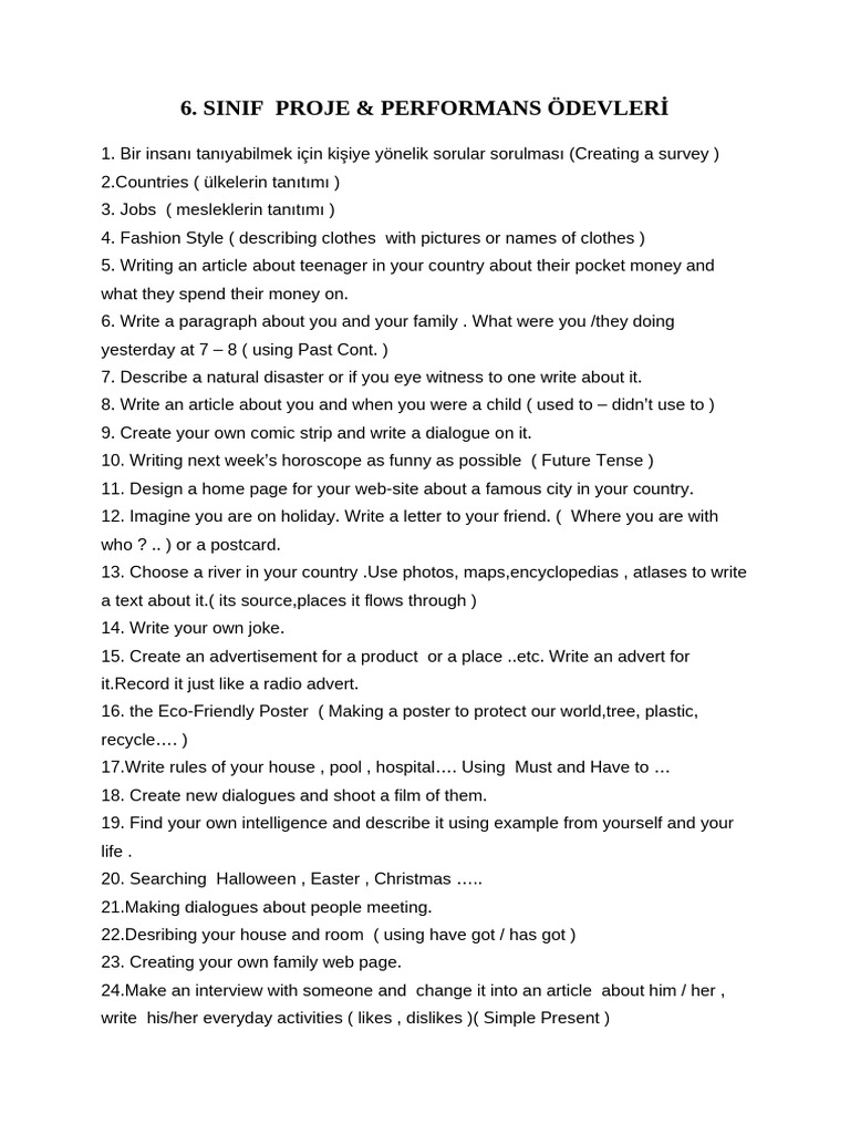 Sinif Proje & Performans Ödevleri | PDF