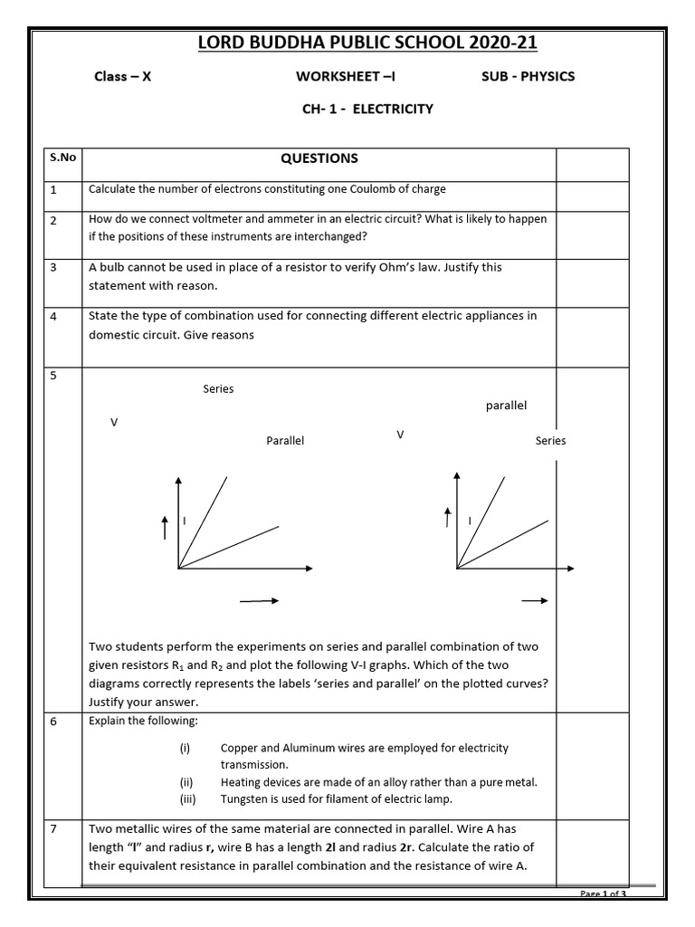 6043CBSE Class 10 Physics Worksheet - Electricity (1) NEW | PDF