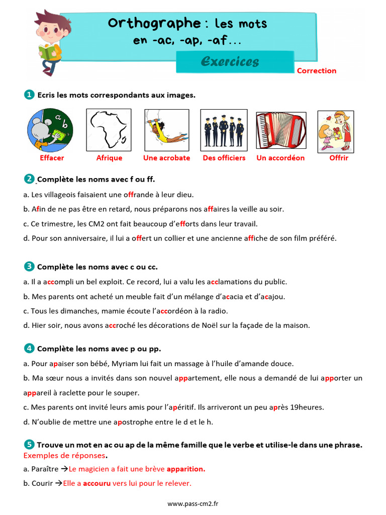 Pecm2 Exercices Correction Cm2 Les Mots en Ac Ap Af | PDF