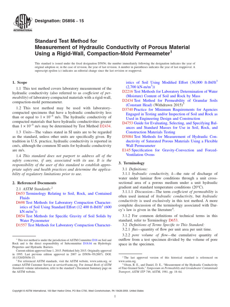 Hydraulic Conductivity Test Method D5856 | PDF | Porosity | Pressure ...