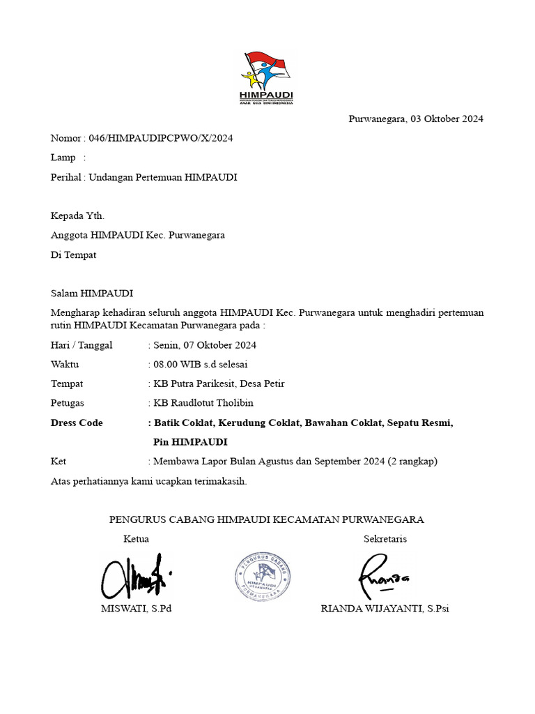 Oktober 2024 - Surat Undangan HIMPAUDI Ke Lembaga | PDF