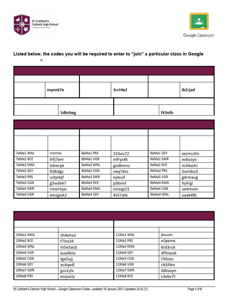 Google Classroom Codes Stcuthbertschs From September 2021 Final | PDF