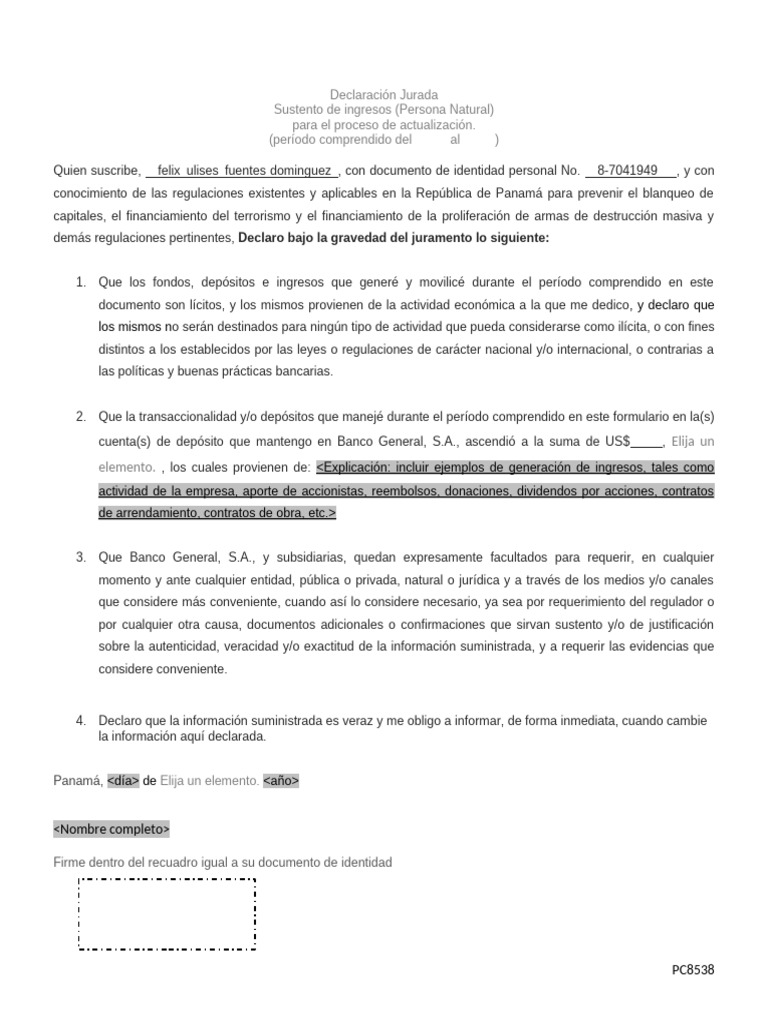 Declaración Jurada de Sustento de Ingresos Persona Natural | PDF | Bancos