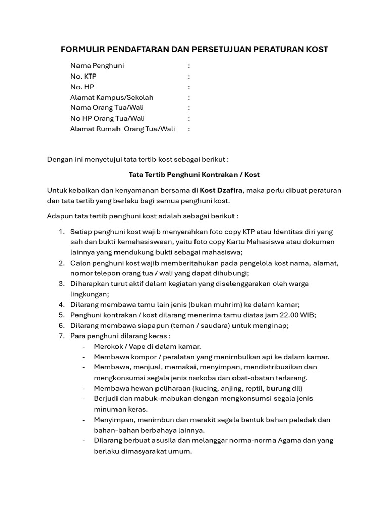 Formulir Kost Dzafira | PDF