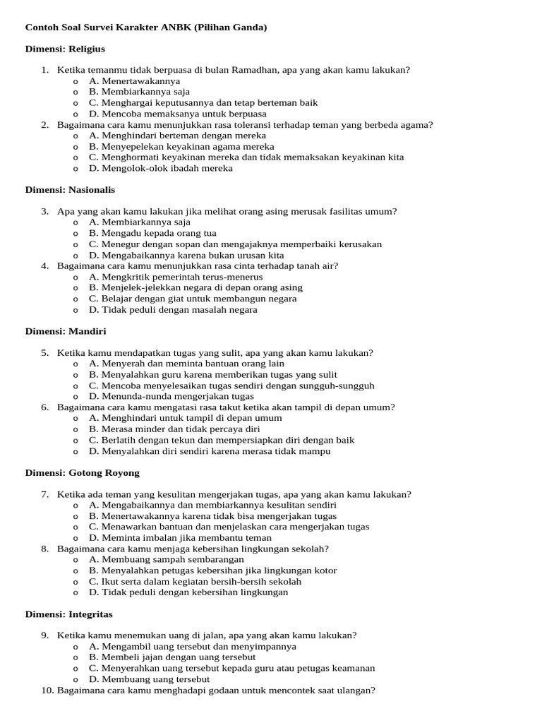 Contoh Soal Survei Karakter ANBK | PDF