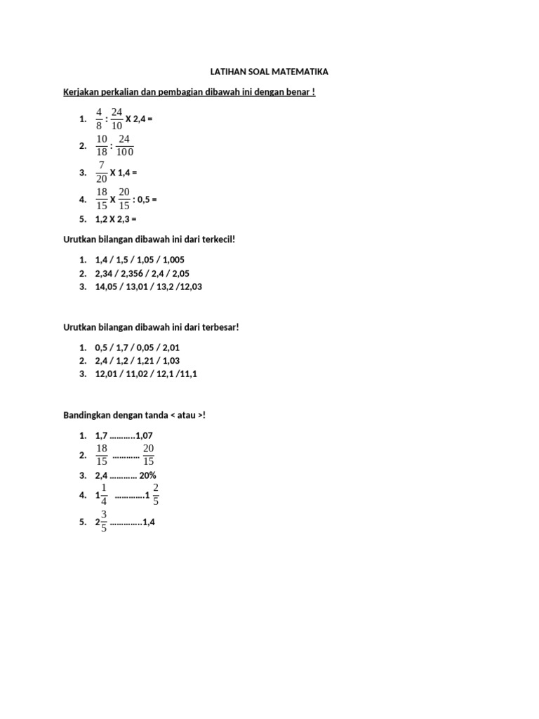LATIHAN SOAL MATEMATIKA Perkalian Pembagian Dan Perbandingan | PDF