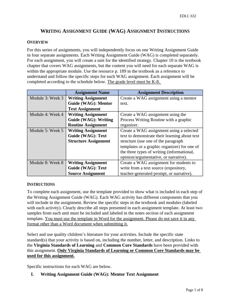 Writing Assignment Guide (WAG) Assignment Instructions | PDF | Rubric (Academic) | Learning