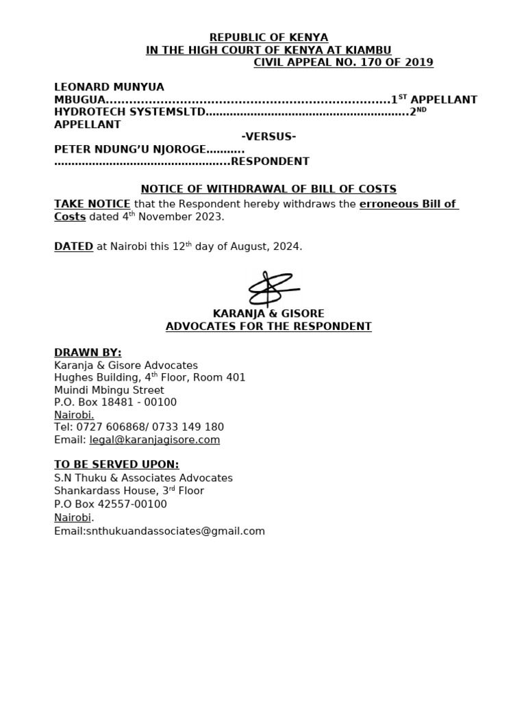 Notice of Withdrawal of Bill of Costs | PDF