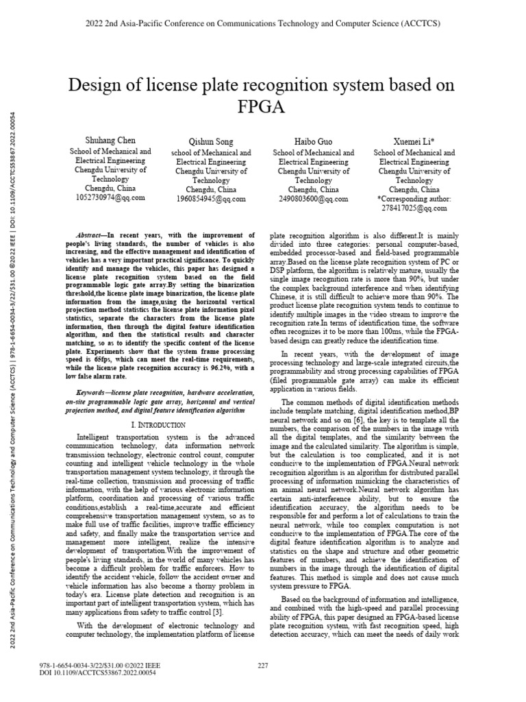 (2022) Design of License Plate Recognition System Based On FPGA | PDF