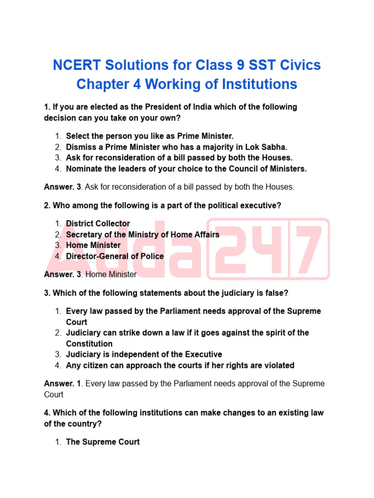 NCERT Solutions For Class 9 SST Civics Chapter 4 Working of ...