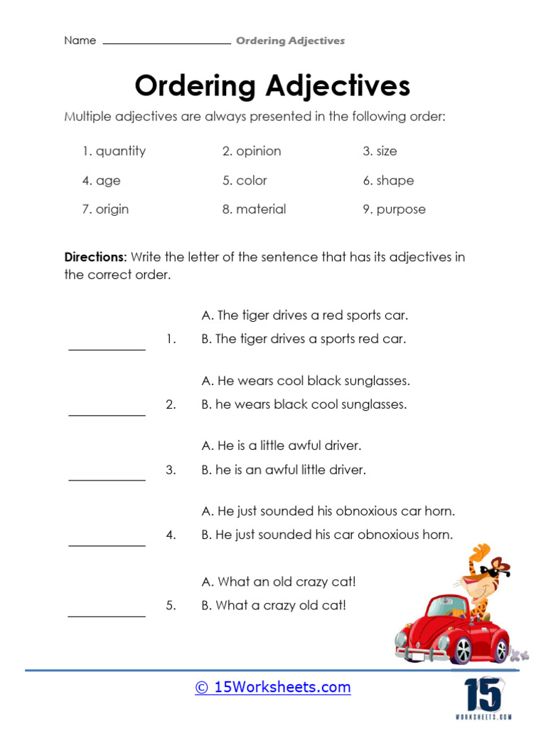 A Worksheet On Order of Adjectives From 15worksheets - Com - 10-346 | PDF