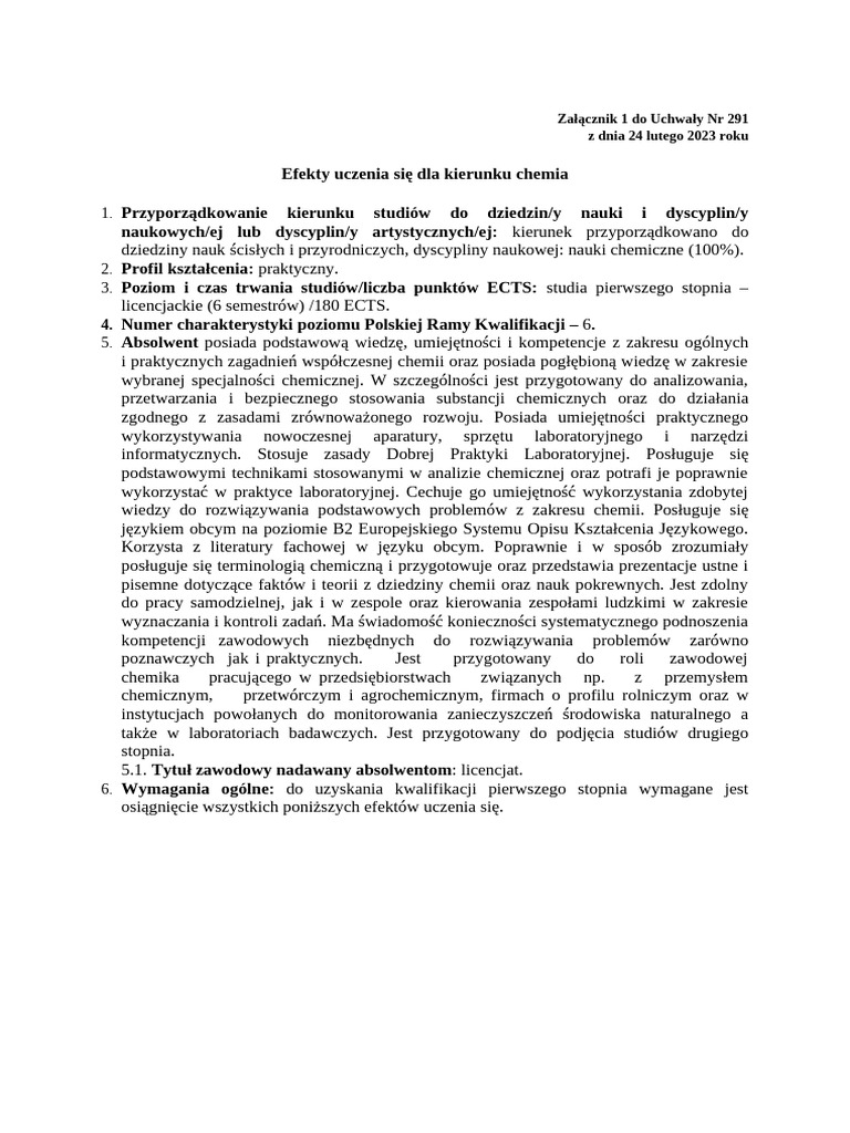 Efekty Uczenia Sie 2023 Chemia Ist | PDF