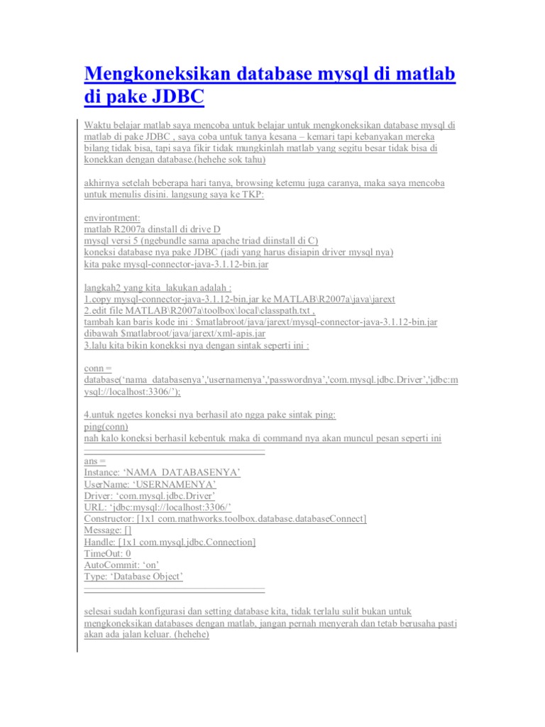 Mengkoneksikan Database Mysql Di Matlab Di Pake JDBC | PDF