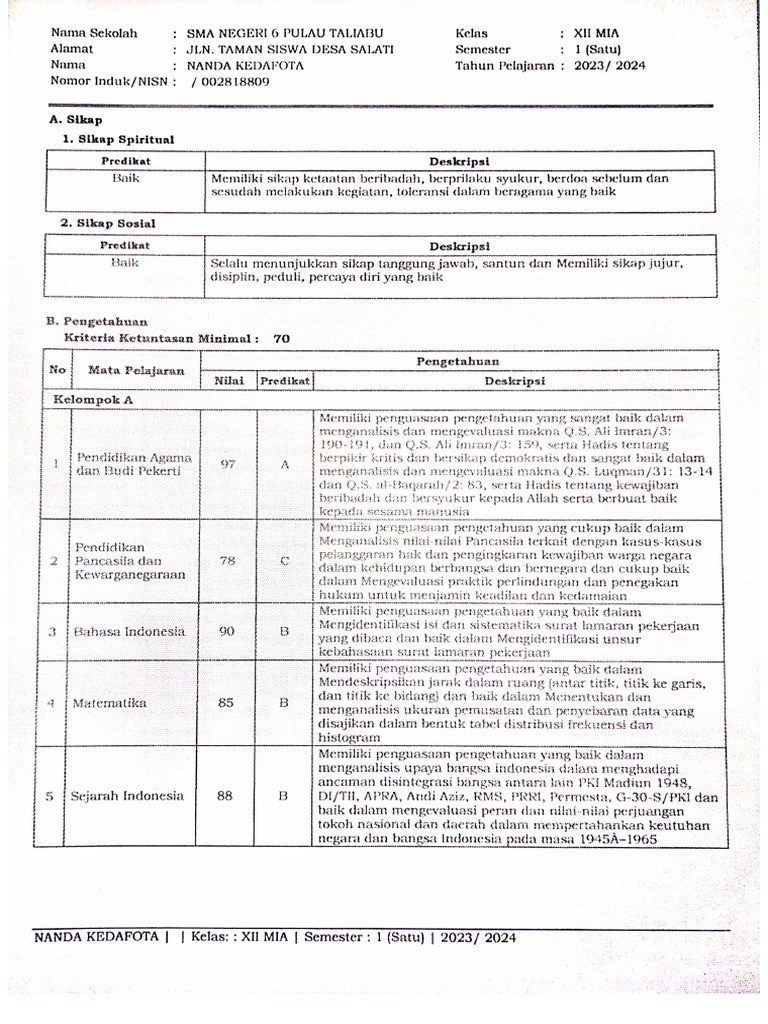 Nilai Rapor Kelas Xii - Nanda Kedafota | PDF Nilai Rapor Kelas Xii - Nanda Kedafota | PDF