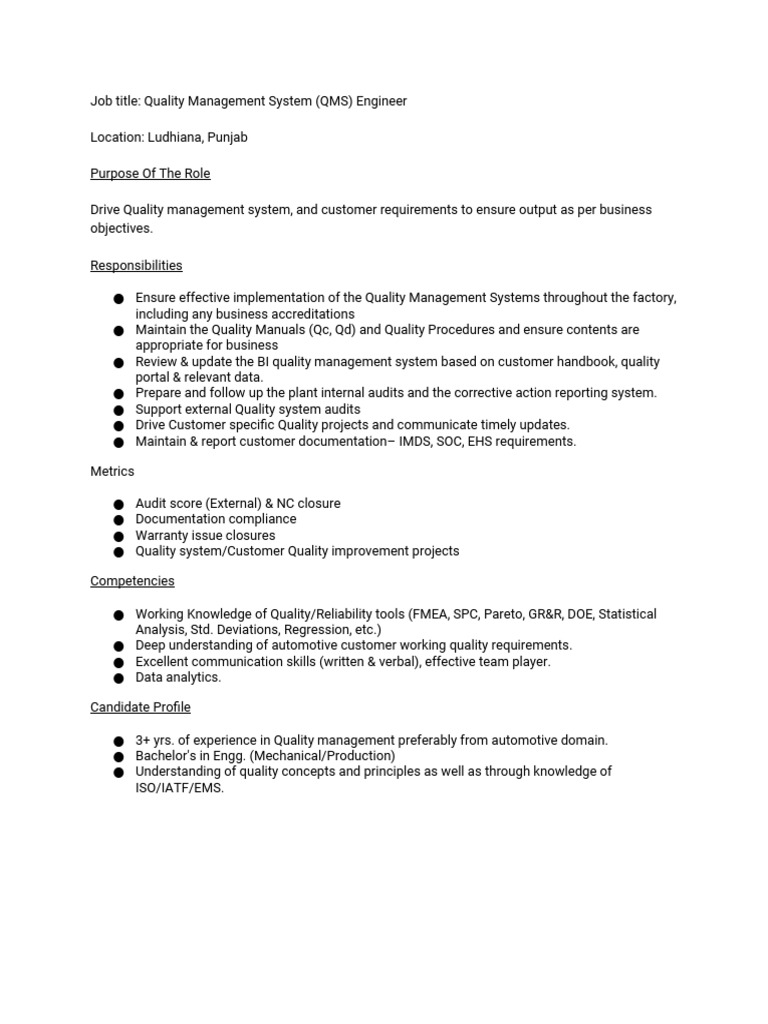 Quality Management System (QMS) Engineer | PDF