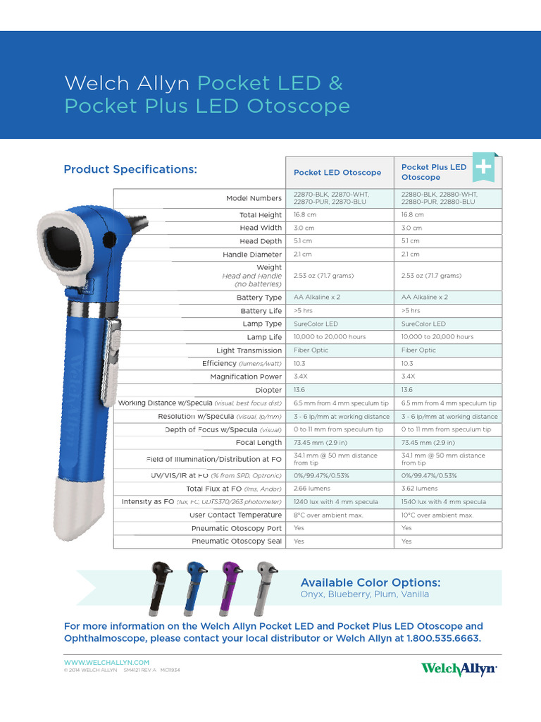 Welch Allyn Pocket LED Otoscope Specs | PDF | Optics | Electromagnetic ...