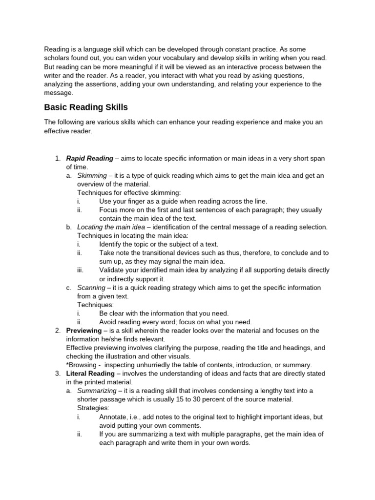 Basic Reading Skills Handouts PDF