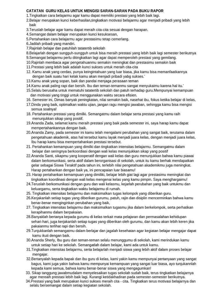 83 Contoh Saran-Saran Rapor | PDF